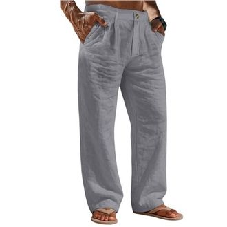 Generic Pantalon d&eacute;contract&eacute; en coton et lin pour homme - Coupe droite - Coupe ample - Pantalon de plage l&eacute;ger - Taille &eacute;lastique - Pantalon chino de vacances