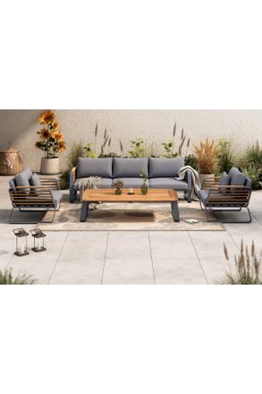 ambia GARDEN Loungegarnitur Teakholz, Dunkelgrau, Holz, Metall, Teakholz, Loungem&ouml;bel, Gartenlounge-Sets