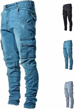 Generic Jean Hip Hop pour homme - Coupe ajust&eacute;e - Stretch - Streetwear d&eacute;chir&eacute; - Pantalon us&eacute; us&eacute; - Jambe droite - Pantalon d&eacute;contract&eacute; - Pantalon de combat p
