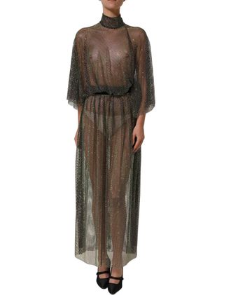 Dolce & Gabbana Womens Black Rhinestone Mesh Turtleneck Maxi Dress Polyester