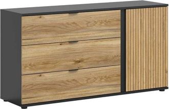 PEGANE Commode Buffet avec 1 porte d&eacute;cor lamelles et 3 tiroirs,coloris Ch&ecirc;ne/Noir - Longueur 143,5 x Profondeur 39,5 x Hauteur 76,5 cm
