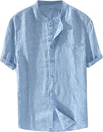 ORANDESIGNE Chemise Homme Manches Courtes Col Mao &Eacute;t&eacute; Slim Fit Blouse Mode Casual Classique Tee Shirt Tops Boutonn&eacute;e Tunique D&eacute;contract&eacute;e Chemise de Plage A Bleu 