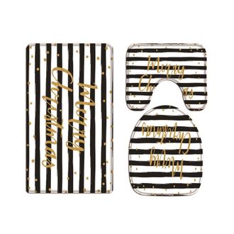 A.Monamour Badezimmer Badematte 3 Teilig Set Gold Glitzernden Schriftzug Frohe Weihnachten Schwarz Wei&szlig; Flanell WC Toilette Deckel Deckt Bad Matte Teppich Badtep