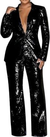 Generic Ensemble de 2 pièces élégant pour Femme - avec Paillettes - Col à Revers - Coupe ajustée - pour Femme - Tailleurs-Pantalons Femme - Paillette Brillant