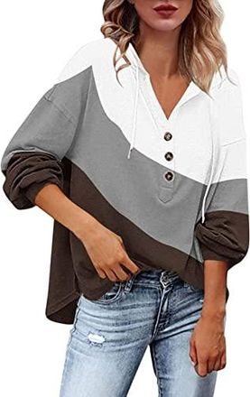 Generic Sweat Femme Pas Cher - Femmes décontracté à Capuche Trois Couleurs épissage Impression Cordon Manches Longues Bouton Sweat à Capuche Haut Pas Cher Swe