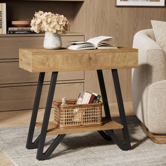 Tribesigns Beistelltisch für Wohnzimmer, schmaler Couchtisch mit Ablageflächen, Kleiner Nachttisch für das Schlafzimmer, kleine Räume, naturfarben