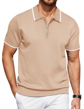 Coofandy Herren-Poloshirt mit Rei&szlig;verschluss, l&auml;ssig, gestrickt, kurz&auml;rmelig, Klassische Passform, Helles Hellbraun, Mittel