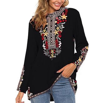 JD Williams Damen Indian Stickerei Tunika Bohemian Folklore Tops Baumwolle Langarm Hemden Casual Loose Bluse (Medium, Schwarz)