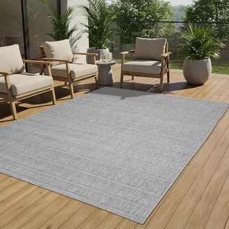 Tapiso Melissa Tapis Ext&eacute;rieur Int&eacute;rieur Terrasse Balcon Salon Cuisine Moderne Gris Turquoise Mouchet&eacute; Ethnique Aspect Sisal R&eacute;sistant aux Intemp&eacute;ries Oeko-T