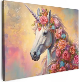 MuchoWow © Leinwandbild 40x30 cm Dekoration Wohnzimmer Bilder Aufhängen Wall Decoration Living Room Wohnungs Deko Moderne Einhorn - Rosen - Einhorn - Blumen