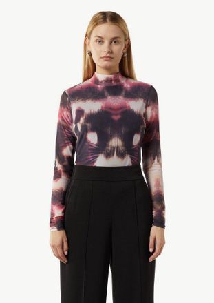 Comma Langarmshirt T-Shirt Gemustertes Mesh-Shirt mit Raffungsdetails
