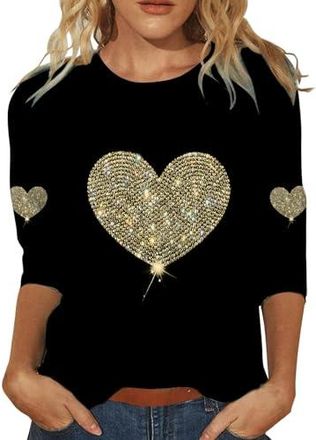 Generic Hauts &agrave; paillettes pour femmes - Hauts &agrave; glissi&egrave;re pour femmes - Hauts &agrave; manches 3/4 - Hauts de printemps - D&eacute;contract&eacute;s - Motif coeur - Mode - Hauts 