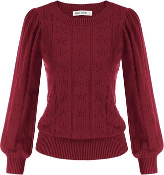 Grace Karin Damen Langarm Winter Pullover Strickpullover Rundhalsausschnitt Warm Sweater Cl834-3 Burgunderrot XXL