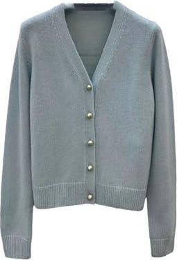 Generic Cardigan tricot&eacute; 100 % cachemire bleu clair col en V manches longues perles boutons pull d&eacute;contract&eacute; pour femme, bleu ciel, Taille XS