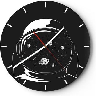 Arttor Modern Wanduhr Astronaut Kosmos Universum 30x30cm Rund Klein Wand Uhr Glas Analog Zimmeruhren K&uuml;che B&uuml;ro Wohnzimmer Glasuhr Wall Clock Dekoration Desi