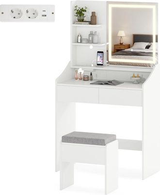 Giantex Schminktisch mit LED-Beleuchtung und USB-Steckdose, Frisiertisch Holz mit Hocker, offene Regale & 2 Schubladen, Vanity-Table für Salon, Schlafzimmer, 