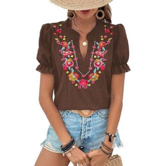 Generic Femmes Casual Floral Broderie Col en V Boh&egrave;me Manches Courtes Bouffantes Chemise L&acirc;che &Eacute;t&eacute; Tops Mode T-Shirt, marron, XXL