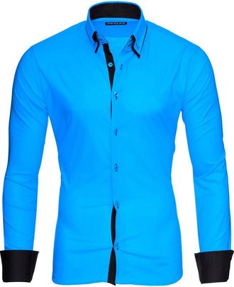 Reslad Herren Hemd b&uuml;gelfrei Slim Fit M&auml;nner Freizeit Hemden Business Kontrast zweifarbig Langarm RS-7050 T&uuml;rkis Schwarz Gr XXL