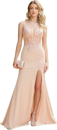 MisShow Robe pour Mariage Longue Femme Invitée sans Manche Sexy Dos Nu Bretelles Robe de Soirée Luxueux Chic Pas Cher Rose 46