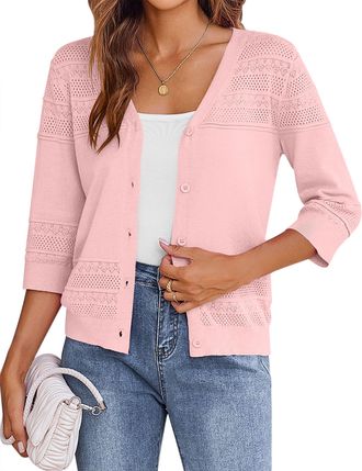 Zeagoo Damen Bolero Elegant Strickjacke Kurz Cardigan Sommer Bolerojacke 3/4 &Auml;rmel Schulterjacke Festlich Kurze Jacke zum Kleid Open Front Mit Kn&ouml;pfen Rosa X