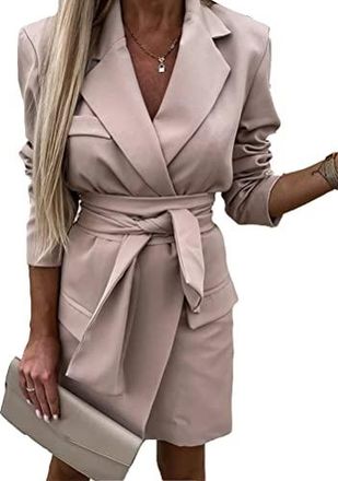 Onsoyours Blazer Robe Femmes élégant à Manches Longues col en V Affaires Blazer Robes Costume Double Rangée Moulante Mini Robe avec Bouton A Abricot L