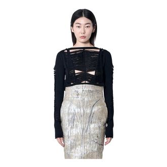 Rick Owens Zerst&ouml;rter Wollrundhalsausschnitt Langarm-Top - - Tops - Damen - Schwarzk - L