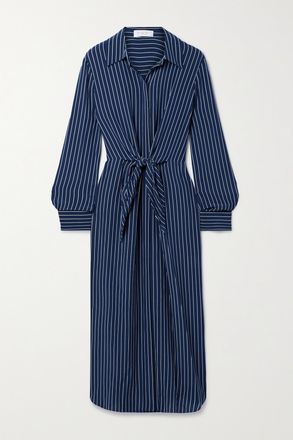 Michael Kors Midi-hemdblusenkleid Aus Gestreiftem Bioseiden-cr&ecirc;pe Zum Binden - Blau
