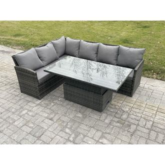 Fimous Gartenm&ouml;bel Set aus Polyrattan f&uuml;r den Au&szlig;enbereich H&ouml;henverstellbarer Esstisch Sofa Set mit Dunkelgrau gemischt - Fimous