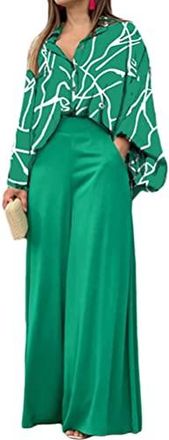 ORANDESIGNE Ensemble de V&ecirc;tements 2 Pi&egrave;ces Femme Elegante Imprim&eacute; Shirt Manche Longues + Pantalon Large avec Poches Taille Haute Ensemble Chic B Vert L