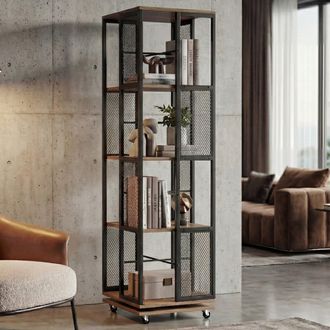 Mendler B&uuml;cherregal HWC-P13, Standregal Drehregal, Rollen drehbar, Metall Industrial Melamin MVG 147x40x40cm - braun