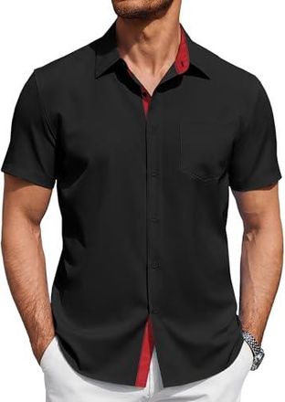 Coofandy Hommes Chemise à Manches Courtes Chemise daffaires Shirts DéTé Top Casual Couleur Unie avec Poche Poitrine Noir XL