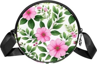 Generic Petit sac &agrave; bandouli&egrave;re circulaire pour femme, motif feuilles florales, sac &agrave; dos avec fermeture &eacute;clair, bretelles r&eacute;glables, sac &agrave; main rond d&eacute;contra
