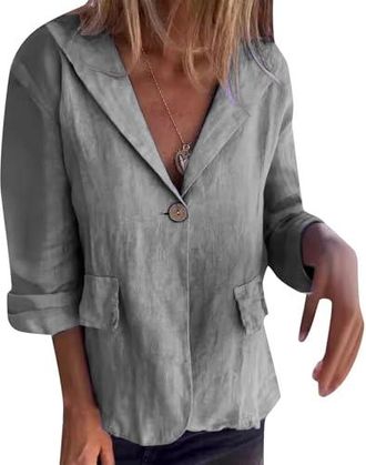 Generic Vestes pour femmes 2026 Manteau de costume en lin &agrave; revers crant&eacute; &agrave; un bouton, gris, 5XL