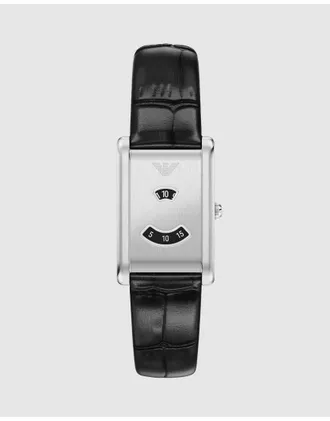 Emporio Armani Uhr mit zwei Zeigern aus schwarzem Leder in Silber