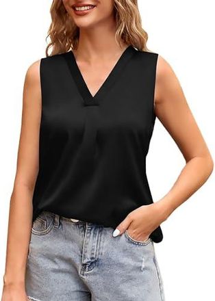 Generic T-shirts en coton pour femme - Couleur unie - Col en V - Décontracté - Satin - Mode dété - Haut ample - Débardeur pour femme, Noir, XL