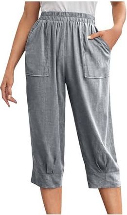 Generic Pantalon Femme Large Lin &Eacute;t&eacute; Large Elegant Pantalon Ample D&eacute;contract&eacute; en Coton et Lin pour Femmes Couleur Unie Grande Poche Taille &Eacute;lastique Leger Yog