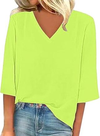 Generic Chemise unie à manches courtes pour femme, couleur unie, tendance, décontracté, col en V, manches trois-quart, vêtements pour la vie quotidienne, cade