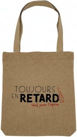 Fabulous Sac Shopping Tote Bag Aspect Lin - Toujours en retard (sauf pour lap&eacute;ro) - Sac de Courses Toile Epaisse 360g Beige Naturel Cabas Port&eacute; Epaule Solide I