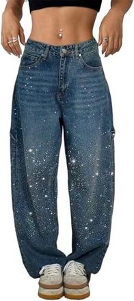 Generic Jeans taille haute avec strass pour femme - Style vintage - Style boyfriend - En denim - Droit - Losange, bleu, L