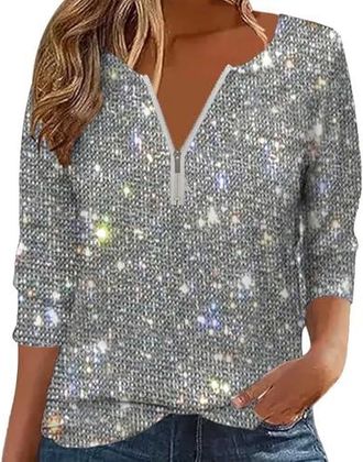Generic Tunique à paillettes pour femme - Col en V - Décontracté - Couleur unie - Pull à manches longues - Chemisier ample - Tunique scintillante - Pull à pai