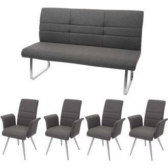 Hhg Set 4x Esszimmerstuhl+Sitzbank HHG 709, Bank K&uuml;chenstuhl Stuhl+Armlehne, Stoff/Textil Edelstahl grau-braun Bank 160cm