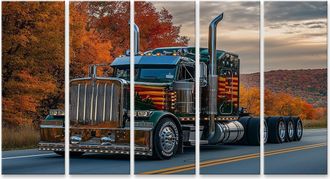 Islandburner Prime Bild auf Leinwand Gl&auml;nzender LKW auf Herbststra&szlig;e mit buntem Laub Bilder Wandbilder Poster