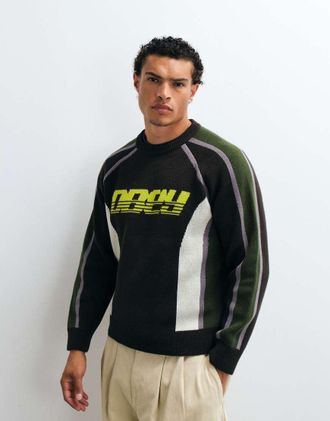 Obey pull col rond en maille &agrave; logo estadio marron multicolore-Noir
