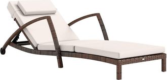 OUTSUNNY Bain de soleil transat style colonial r&eacute;sine tress&eacute;e - inclinable, 2 roulettes, accoudoirs - matelas t&eacute;ti&egrave;re beige