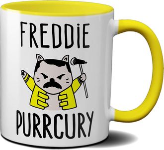 OM3 Freddie-Purrcury - Tasse | Keramik Becher | 11oz 325ml | Beidseitig Bedruckt | Gelb