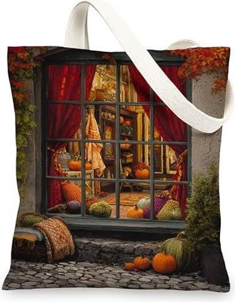 Generic Sacs fourre-tout vintage en toile motif citrouille, sacs de courses réutilisables, légers et lavables avec bandoulière pour courses, voyage, plage, 33