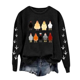 Generic 2026 Nouveaux Femmes Casual Manches Longues Col Ras du Cou Sweat-shirts Pull Imprim&eacute; Graphique Poulet Sweat-shirts Top Blouse, Noir, XXL