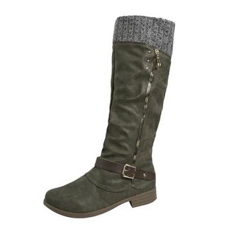 Generic Bottes hautes pour femme - Style d&eacute;contract&eacute; et confortable - Col en tricot &eacute;l&eacute;gant - Boucle &agrave; talon bas - Fermeture &eacute;clair lat&eacute;rale - Bottes d&eacute;quitat