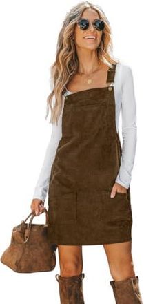 Cupshe Robe dautomne en velours c&ocirc;tel&eacute; avec poche avant et col carr&eacute;, bretelles larges, style d&eacute;contract&eacute;, marron, Taille L