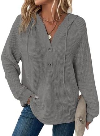 Generic Femmes Automne Hiver Mode Couleur Unie Manches Longues Col V Top avec Capuche Demi Boutonn&eacute; Cordon de Serrage Veste, gris, 5XL